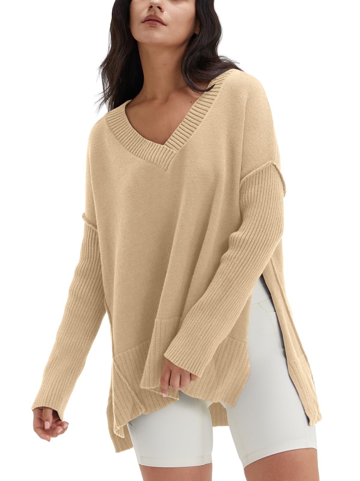 DEEP SELF Women's V Neck Oversized Sweaters 2024 Fall Winter Long Sleeve Split Hem Casual Asymmetric Tunic Pullover Sweater Knit Tops (Apricot, Small)