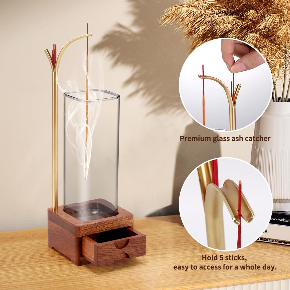Eniffbaa Incense Burner Upgraded Incense Holder for Sticks [Anti-Ash Flying] with Removable Glass Ash Catcher Stick Storage Upgraded Incense stick Holder with Drawer Ornament Home Decor