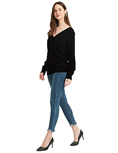 Kallspin Women's 100% Cotton Sweater Pullover Relaxed Fit V Neck Long Sleeve Fashion Knitted Jumper (Black,Medium)