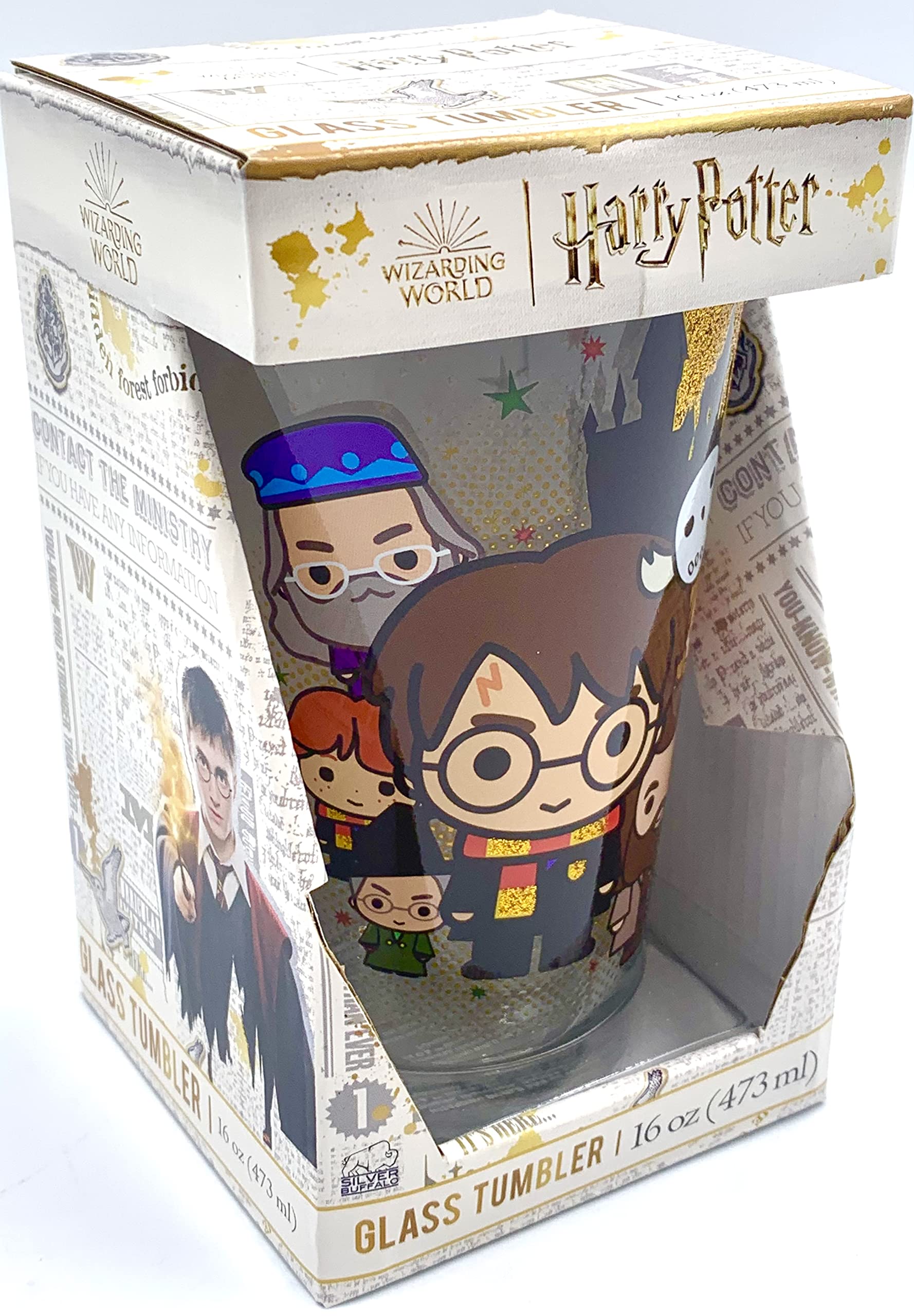 Silver Buffalo Chibi Harry Potter and Friends Boxed Christmas Tumbler Pint Glass - 16 oz - Gold Glitter