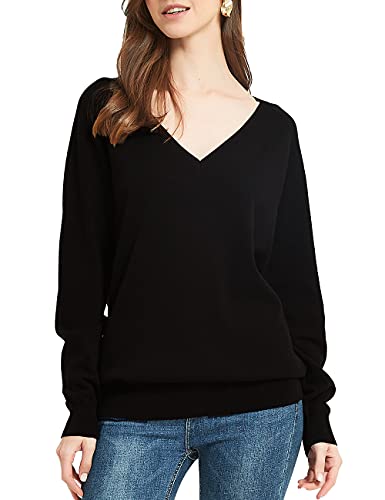 Kallspin Women's 100% Cotton Sweater Pullover Relaxed Fit V Neck Long Sleeve Fashion Knitted Jumper (Black,Medium)