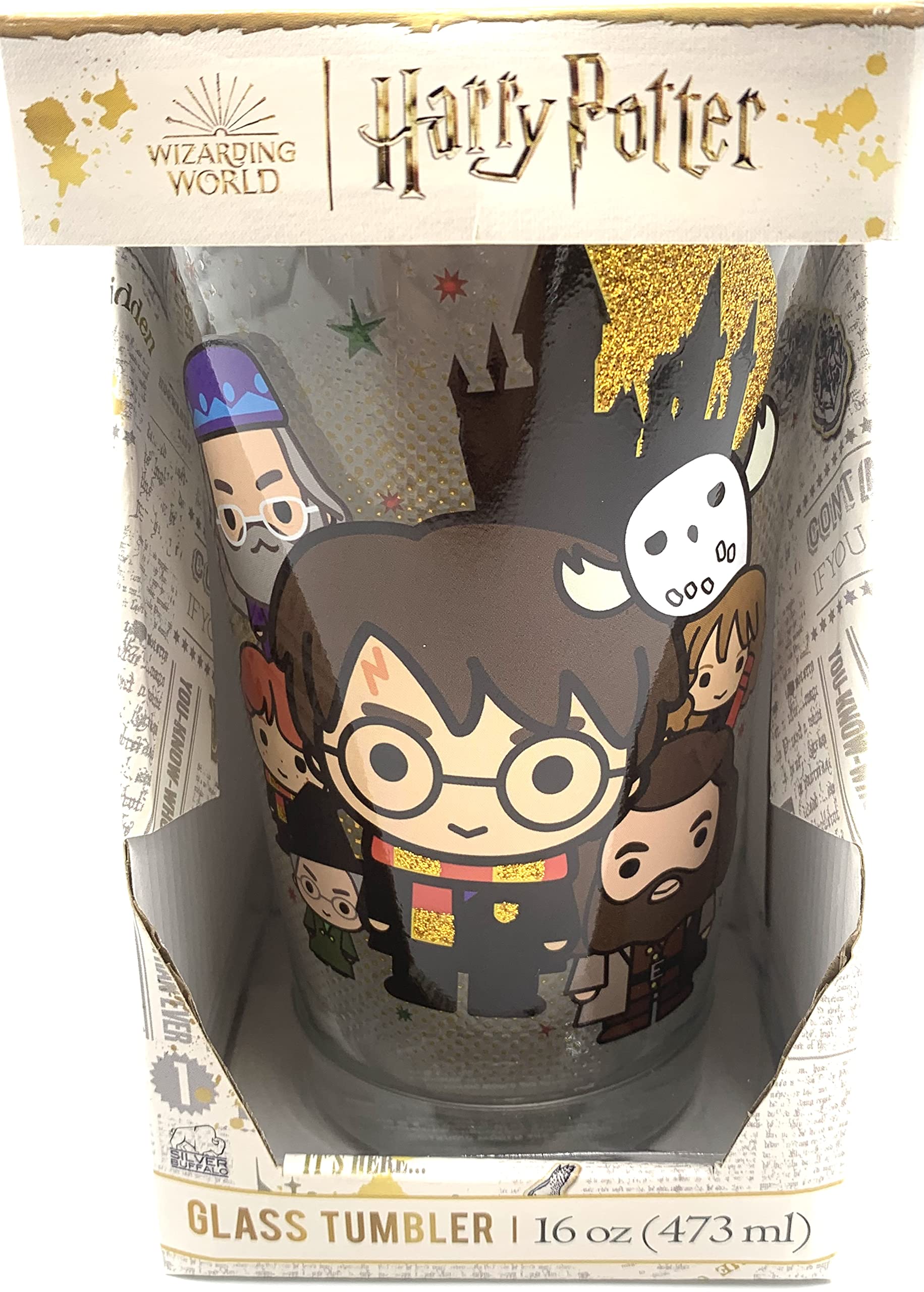 Silver Buffalo Chibi Harry Potter and Friends Boxed Christmas Tumbler Pint Glass - 16 oz - Gold Glitter