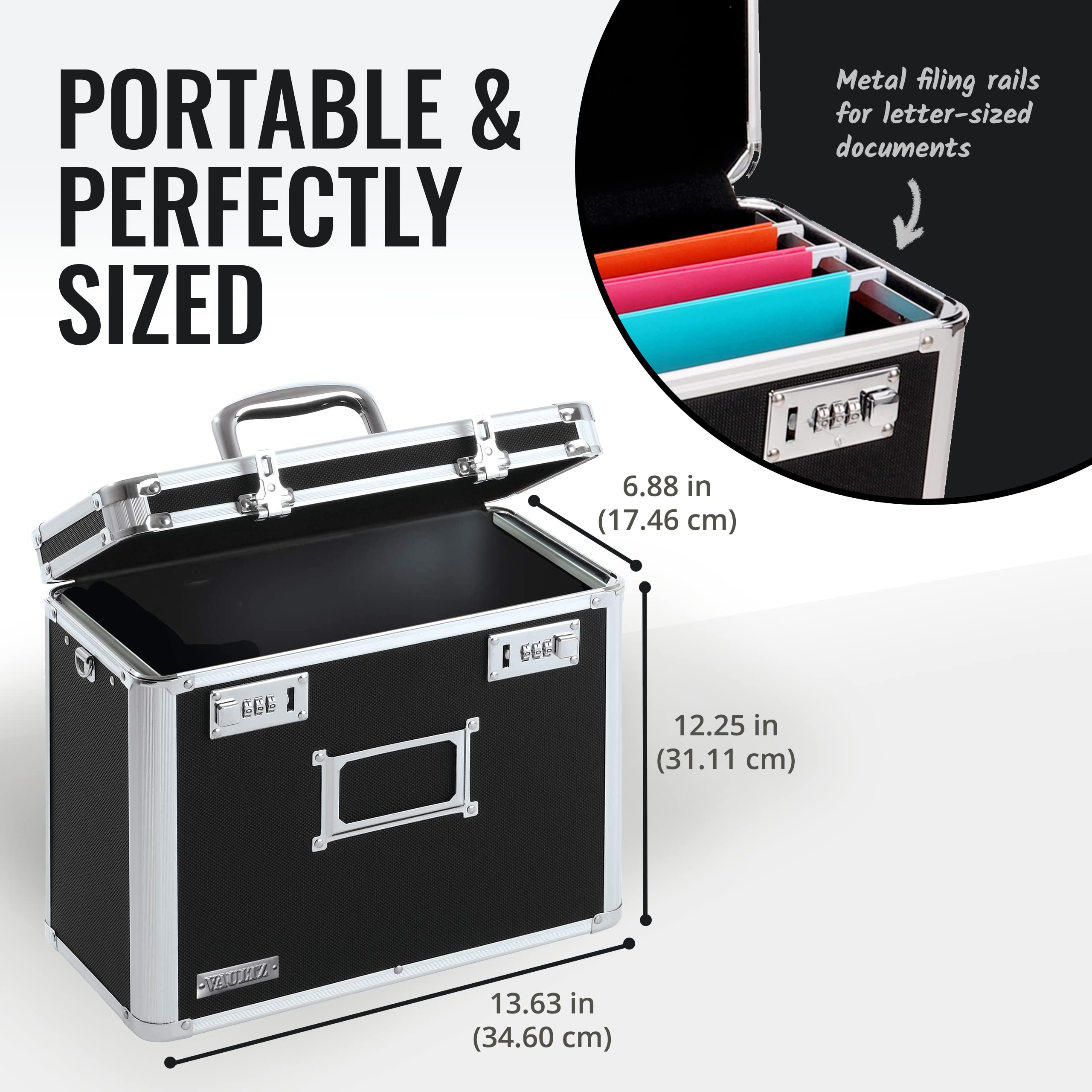 Vaultz File Organizer Box - 14 x 7 x 12.19 Inch Letter Size, Portable Locking Storage Totes with Dual Combination Locks for Filing Office Documents - Black