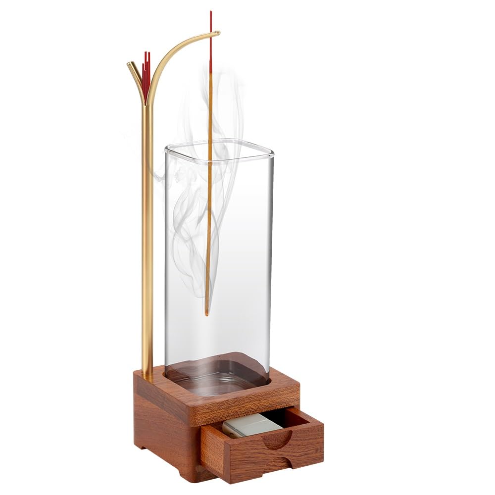 Eniffbaa Incense Burner Upgraded Incense Holder for Sticks [Anti-Ash Flying] with Removable Glass Ash Catcher Stick Storage Upgraded Incense stick Holder with Drawer Ornament Home Decor