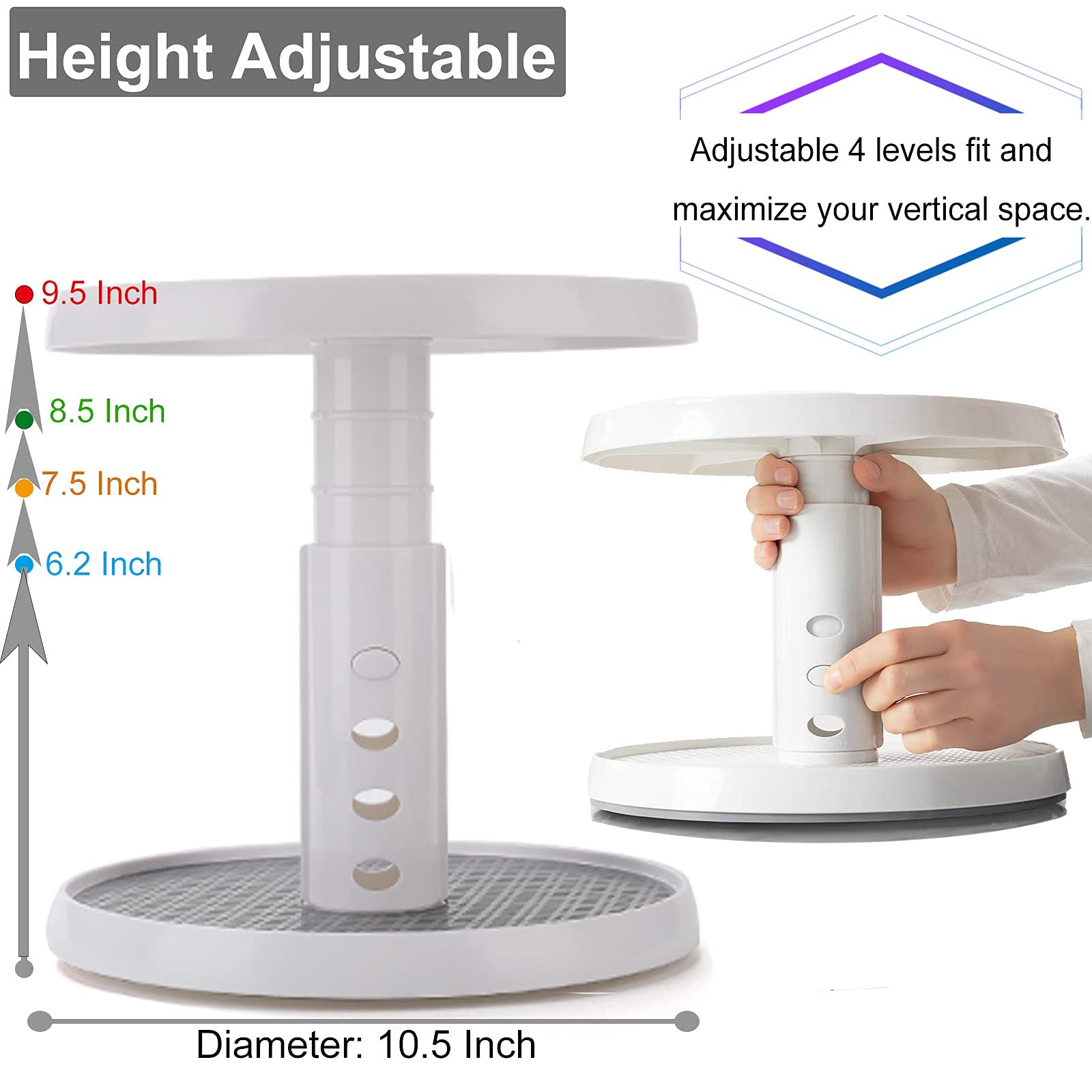 Covee 2 Tier Lazy Susan Turntable Height Adjustable Spice Rack Organizer for Cabinets Countertop, Large Lazy Susan for Pantry Organization and Storage, White 12 inch