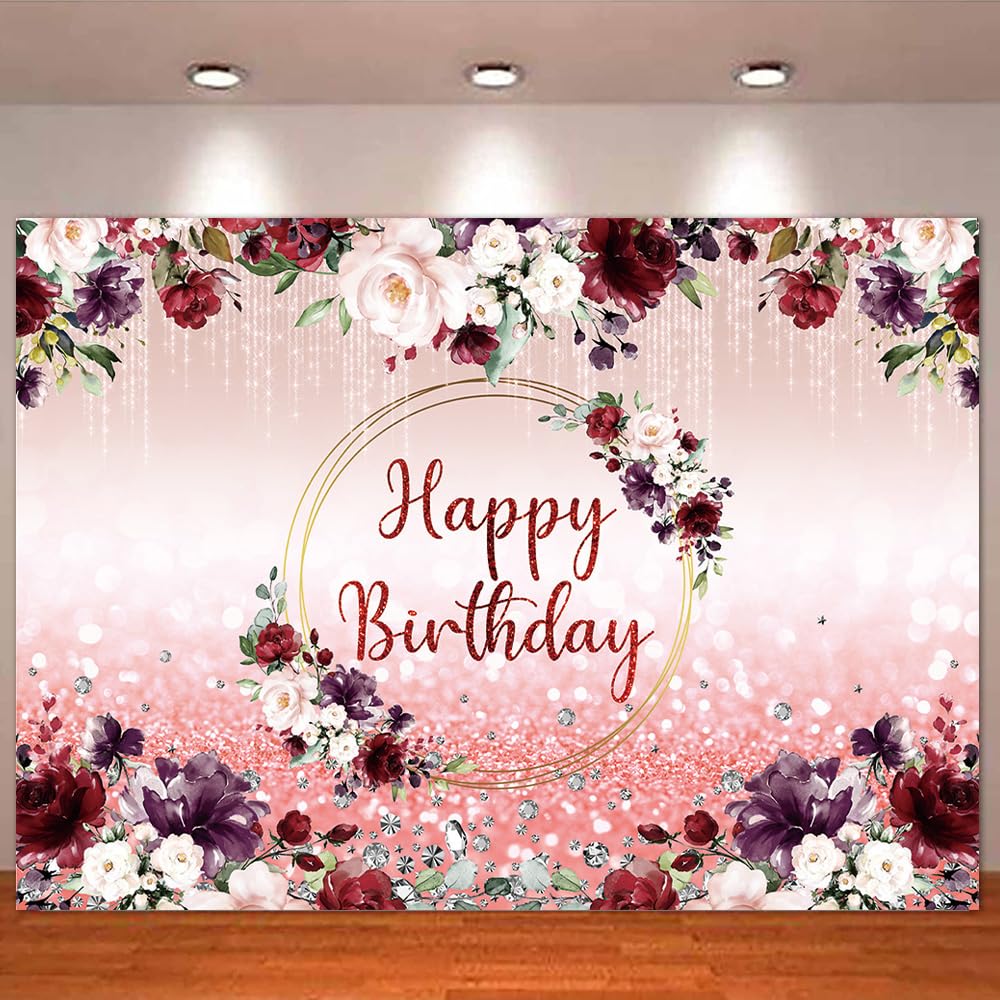 MAQTT 7 x 5 FT Pink Purple Rose Happy Birthday Photo Backdrop Flower Gold Glitter Blush Photography Background for Women Girl Birthday Party Decorations Banner Supplies