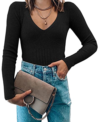 MISUMALLS Women's V Neck Long Sleeve Sweaters Ribbed Knit Casual Solid Pullover Jumper Tops Black
