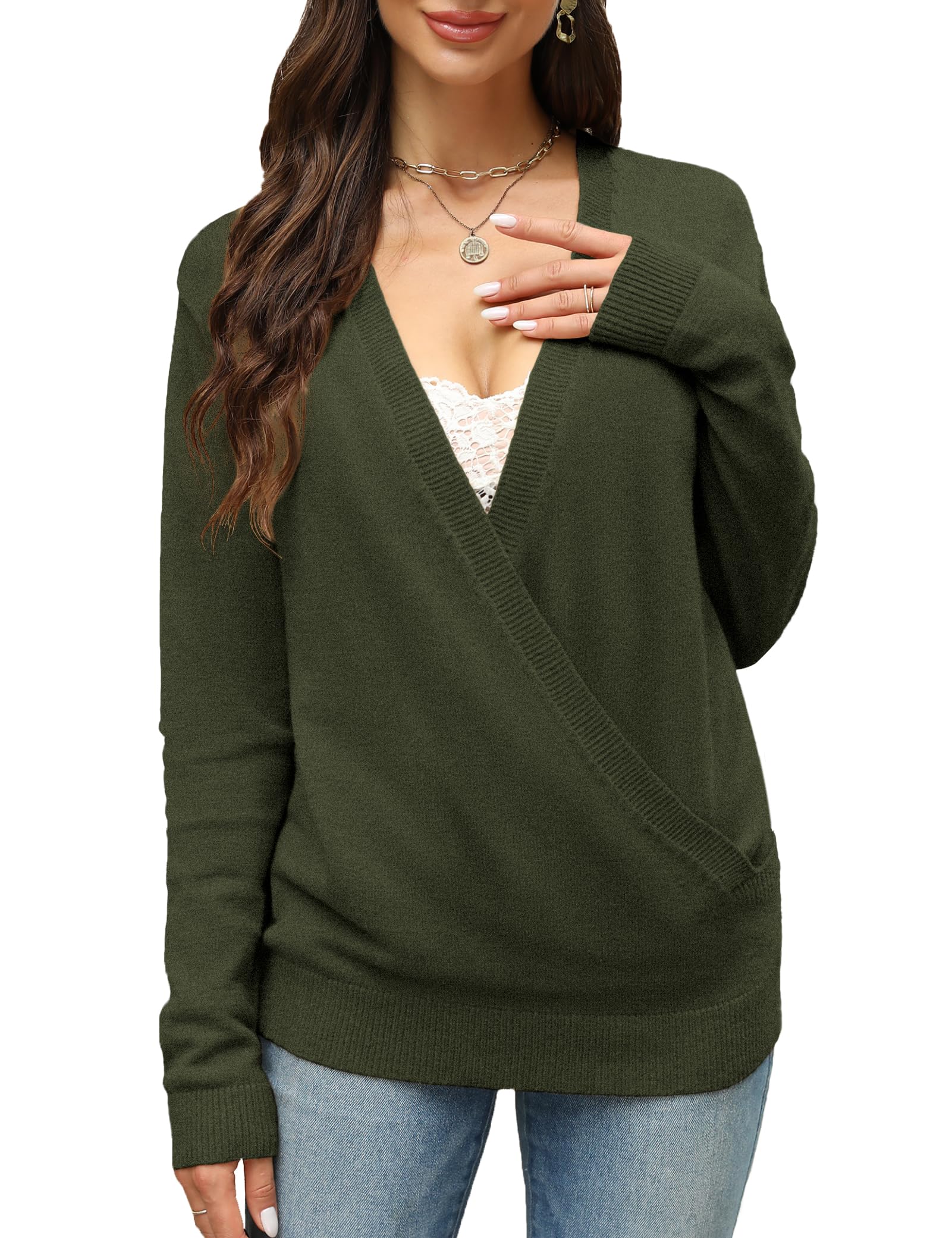 softome Womens Knitted Deep V-Neck Long Sleeve Wrap Front Loose Sweater Pullover Jumper Tops