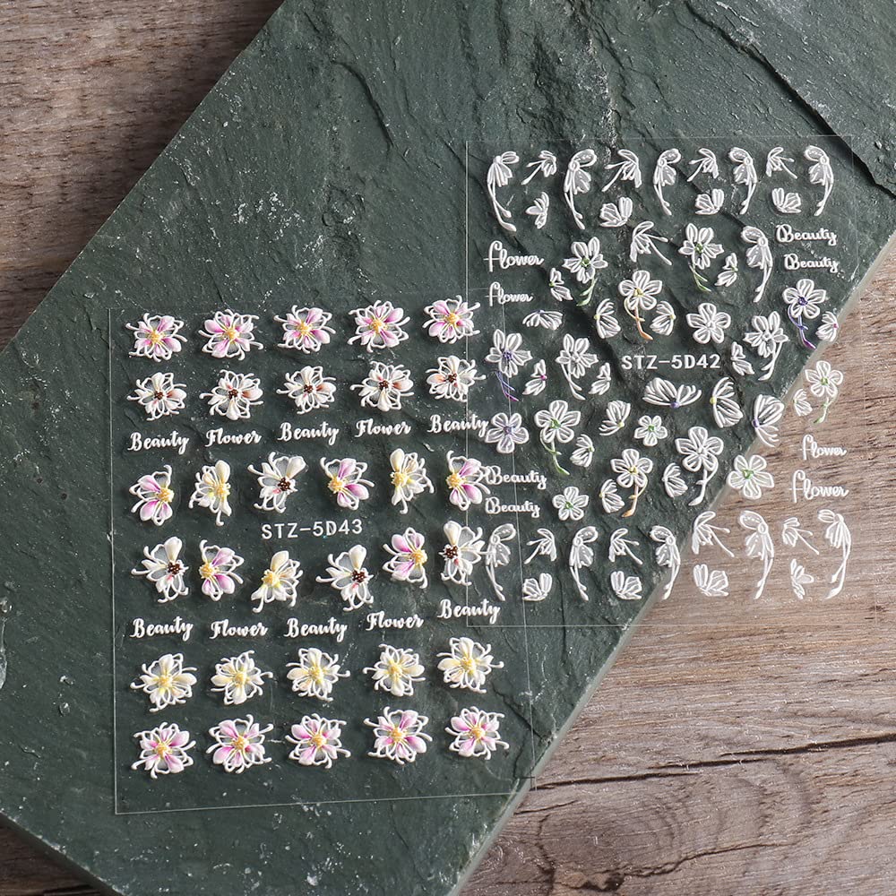 3D Embossed Spring Flower Nail Art Stickers Decals 4 Sheets 5D Self-Adhesive Pegatinas Uñas Pink Cherry Blossoms Floral Nail Supplies Nail Art Design Decoration Accessories