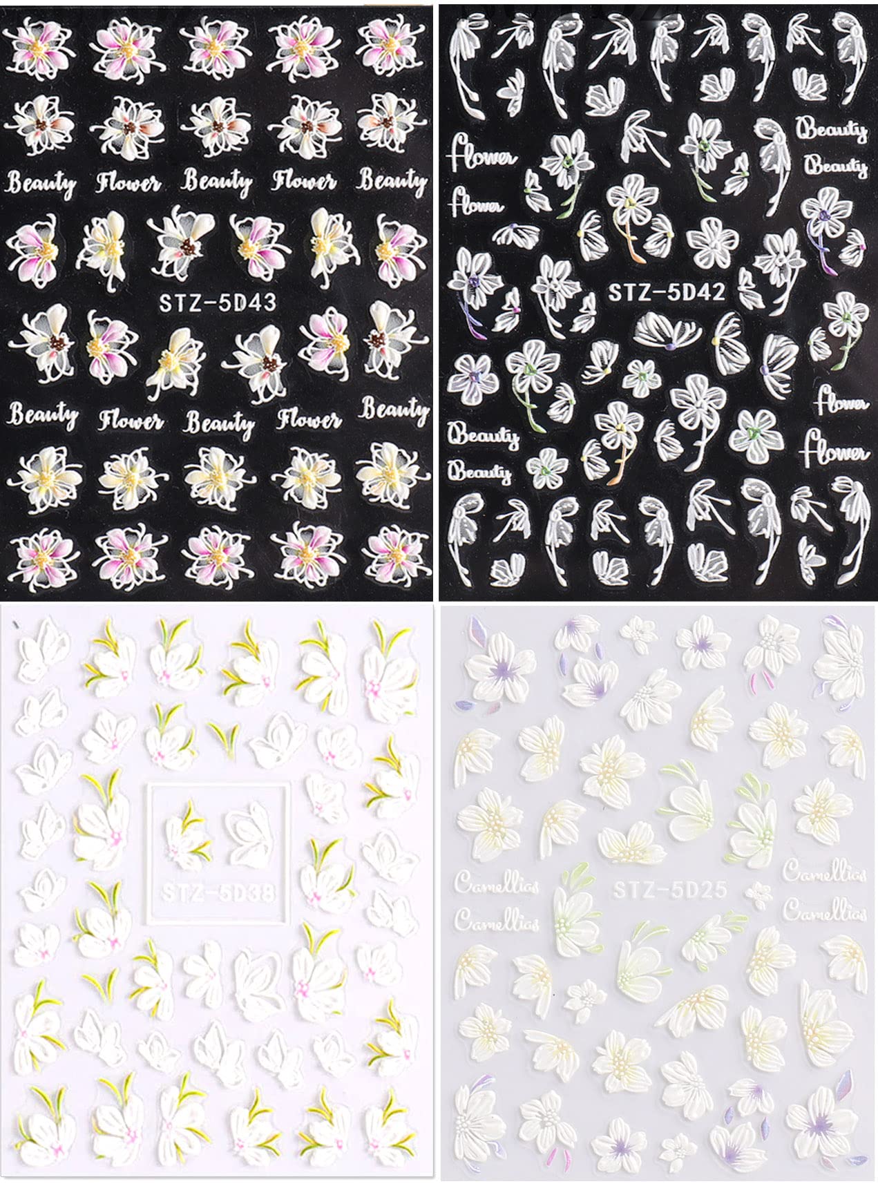 3D Embossed Spring Flower Nail Art Stickers Decals 4 Sheets 5D Self-Adhesive Pegatinas Uñas Pink Cherry Blossoms Floral Nail Supplies Nail Art Design Decoration Accessories