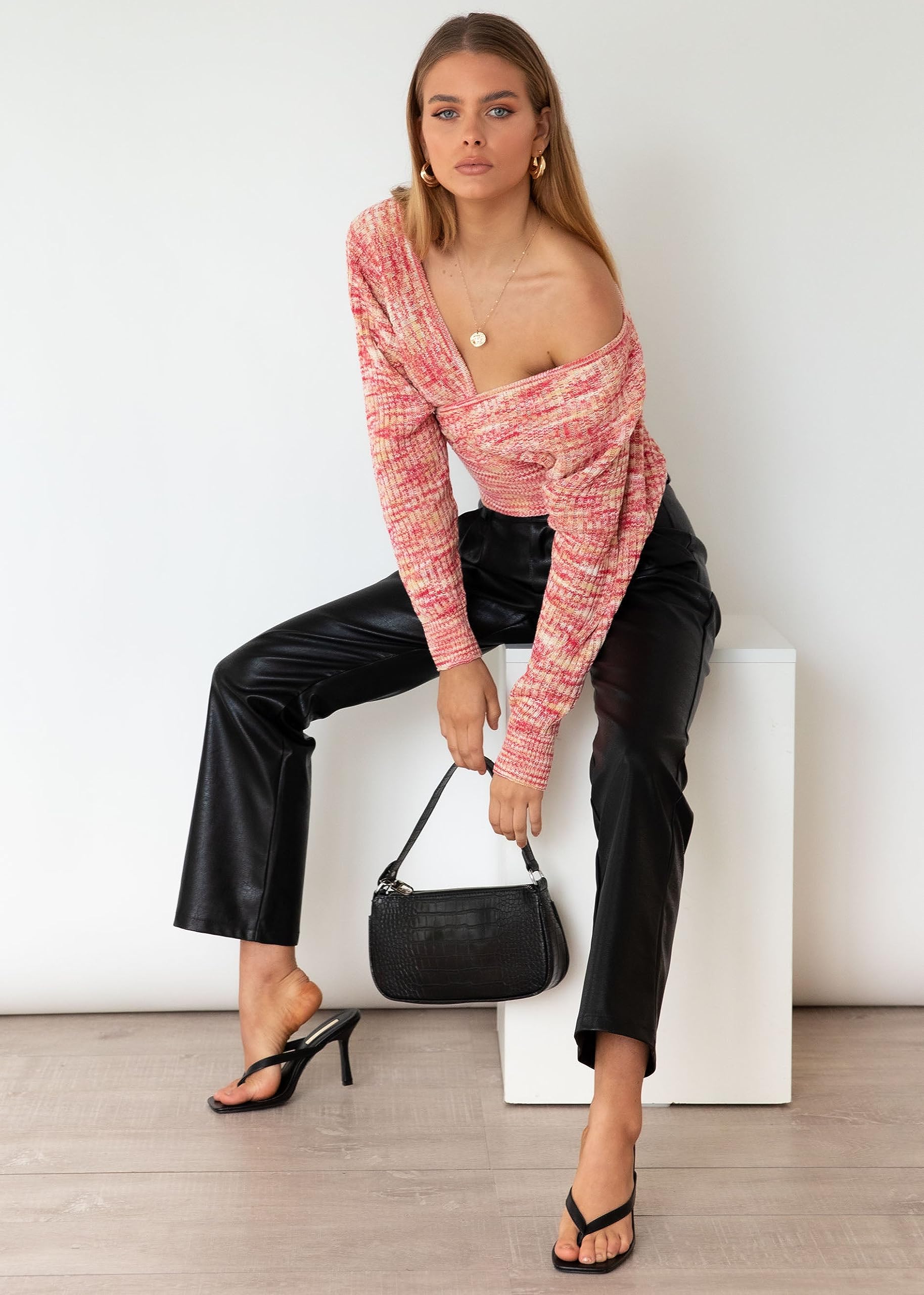 ZAFUL Women's V Neck Crop Knitted Sweater Long Sleeve Color Block Ribbed Jumper Space Dye Pullover