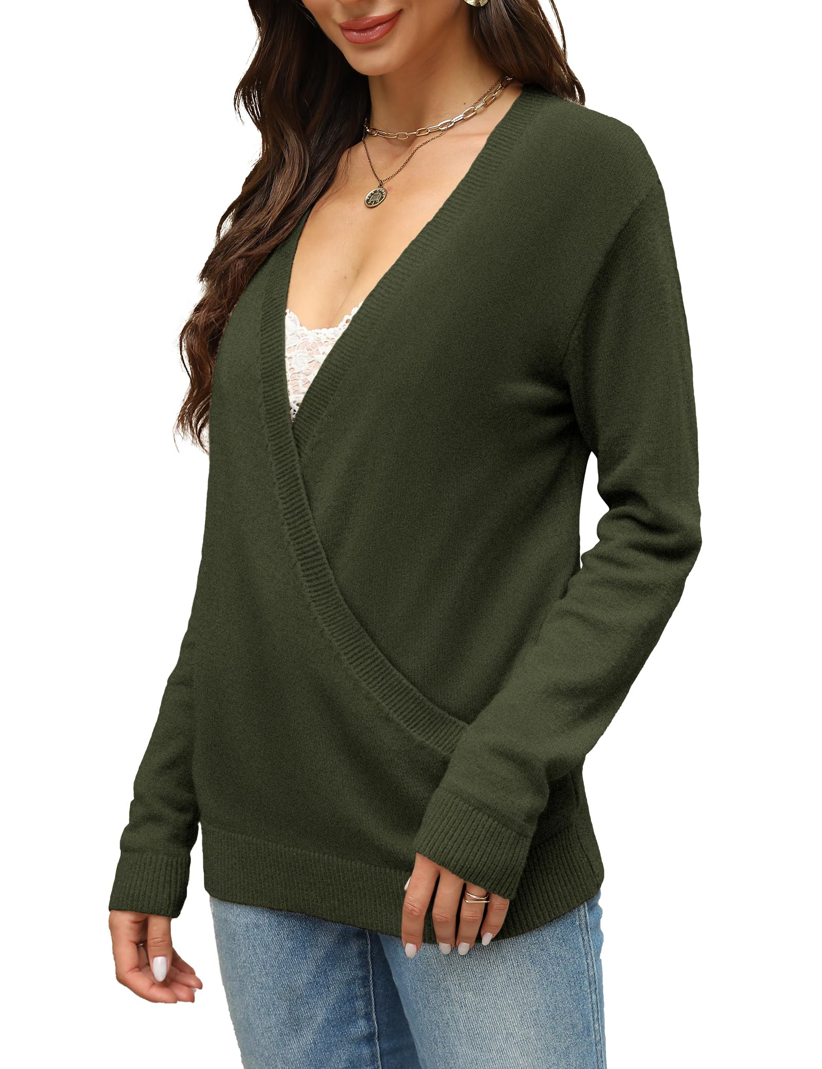 softome Womens Knitted Deep V-Neck Long Sleeve Wrap Front Loose Sweater Pullover Jumper Tops
