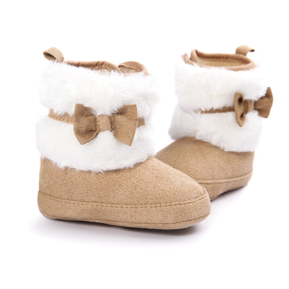 ESTAMICO Baby Girl Plush Winter Snow Bowknot Boots Khaki 3-6 Months