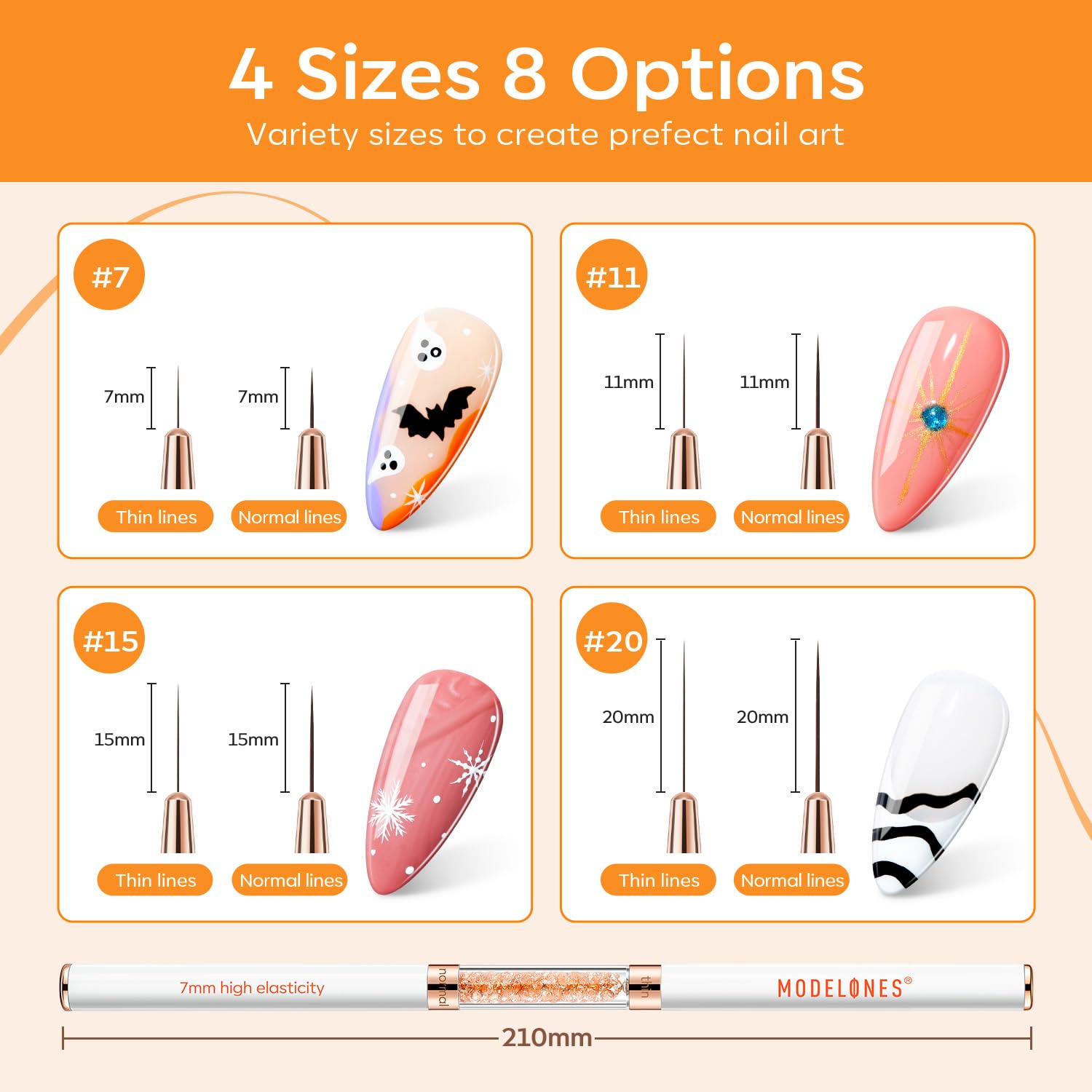 modelones Nail Art Brushes, Super Fine Liner Nail Brush Kit Sizes 7/11/15/20mm for Gel Polish Thin Lines, Precise Details, Fine Drawing Painting Design Acrylic Rhinestone Handle Salon & DIY Use
