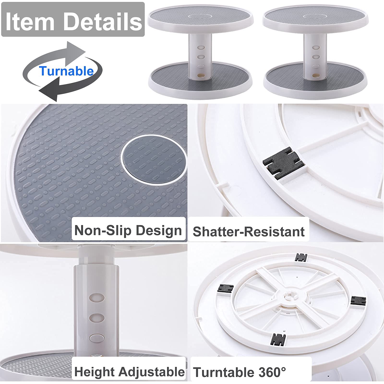 Covee 2 Tier Lazy Susan Turntable Height Adjustable Spice Rack Organizer for Cabinets Countertop, Large Lazy Susan for Pantry Organization and Storage, White 12 inch