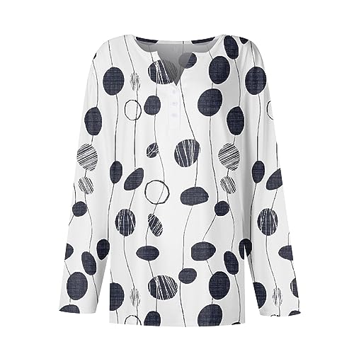 Blouses for Women Business Casual Fashion Basic Dot Line Pattern Print Tops Long Sleeve Henley Tunic Pullover Fall Winter V Neck Button Down Tee Shirts Navy 2XL