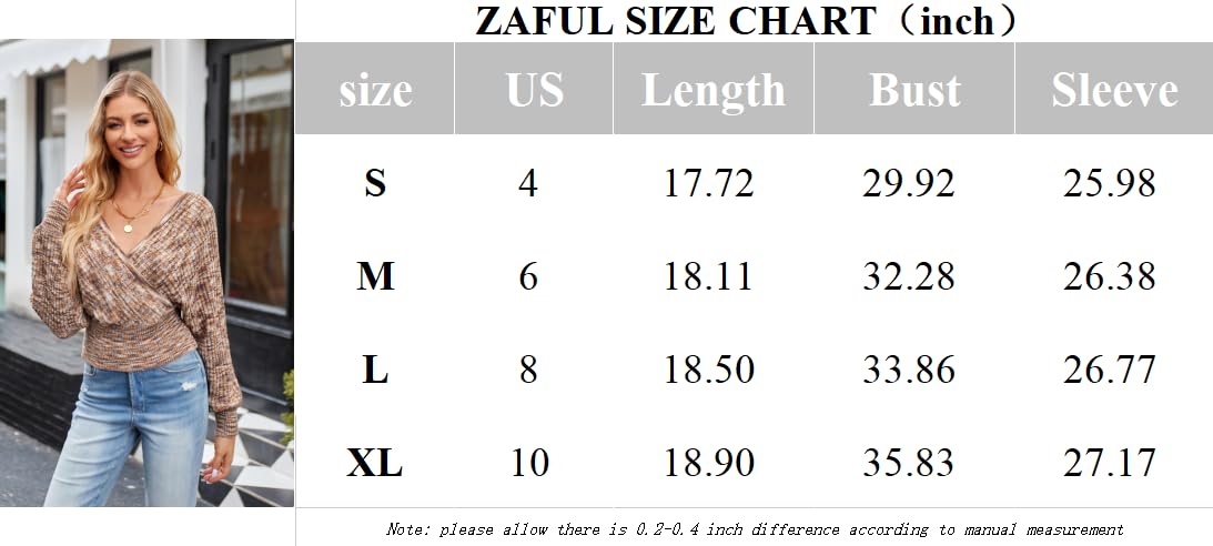 ZAFUL Women's V Neck Crop Knitted Sweater Long Sleeve Color Block Ribbed Jumper Space Dye Pullover