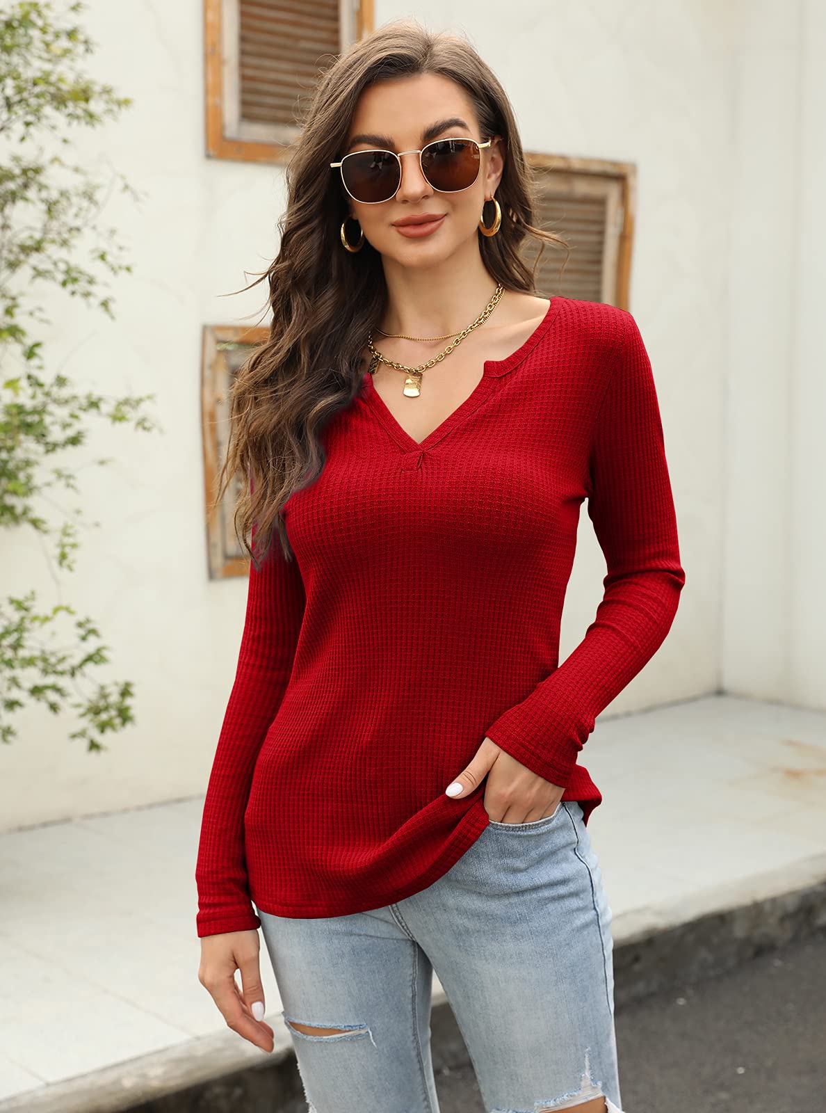 Women's V Neck Waffle Knit Henley Tops Casual Long Sleeve Pullover Sweater Blouses (Red, X-Large)