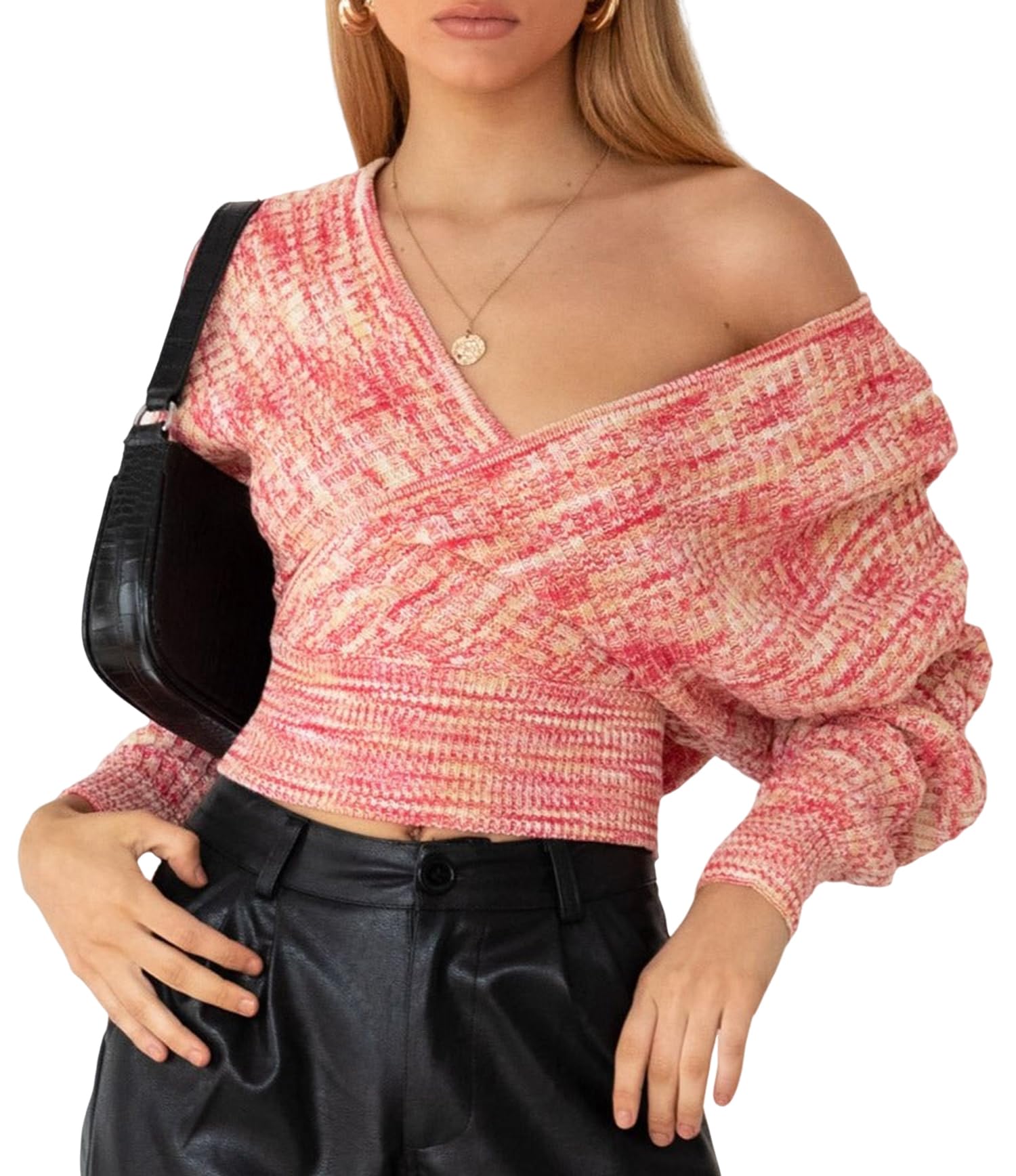 ZAFUL Women's V Neck Crop Knitted Sweater Long Sleeve Color Block Ribbed Jumper Space Dye Pullover