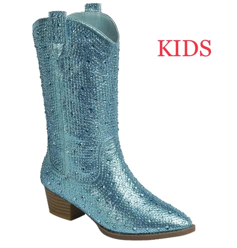 Forever Girls/Kids Rhinestone Western Cowgirl Cowboy Pointed Toe Low Heel Boots River-11K Blue 2
