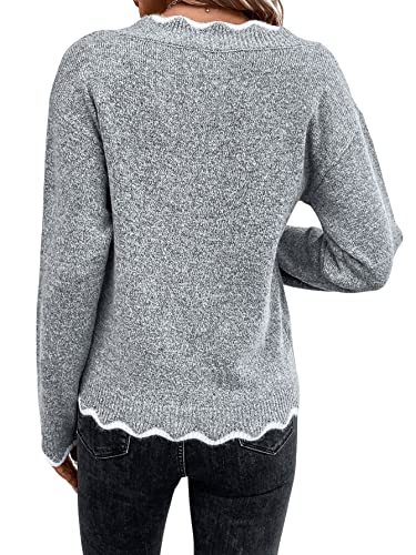 SweatyRocks Women's Long Sleeve V Neck Ribbed Knit Top Scallop Trim Drop Shoulder Pullover Sweater Light Grey M