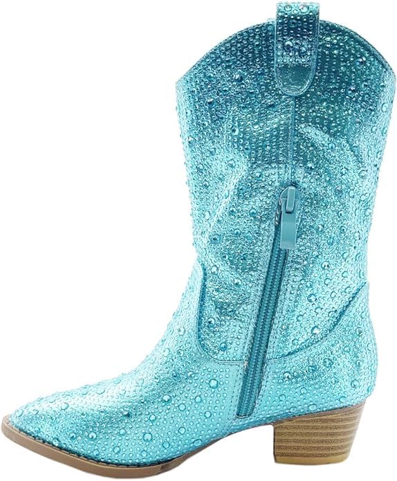 Forever Girls/Kids Rhinestone Western Cowgirl Cowboy Pointed Toe Low Heel Boots River-11K Blue 2