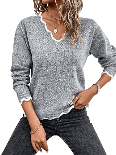 SweatyRocks Women's Long Sleeve V Neck Ribbed Knit Top Scallop Trim Drop Shoulder Pullover Sweater Light Grey M
