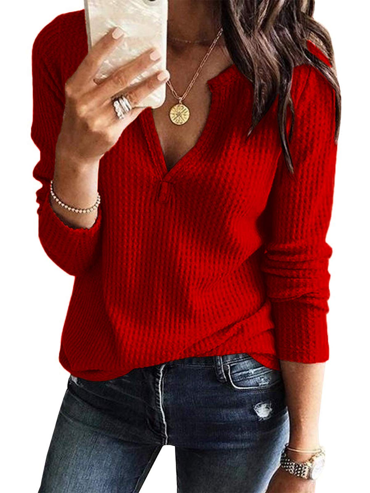 Women's V Neck Waffle Knit Henley Tops Casual Long Sleeve Pullover Sweater Blouses (Red, X-Large)