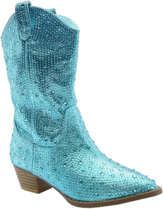 Forever Girls/Kids Rhinestone Western Cowgirl Cowboy Pointed Toe Low Heel Boots River-11K Blue 2