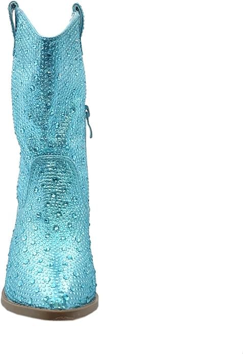 Forever Girls/Kids Rhinestone Western Cowgirl Cowboy Pointed Toe Low Heel Boots River-11K Blue 2