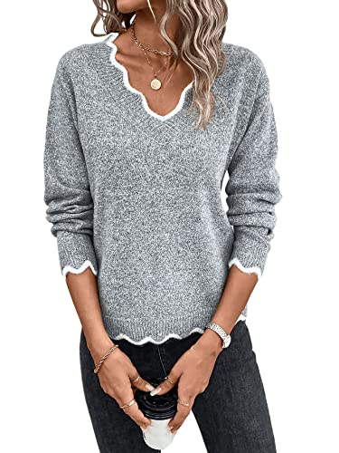 SweatyRocks Women's Long Sleeve V Neck Ribbed Knit Top Scallop Trim Drop Shoulder Pullover Sweater Light Grey M