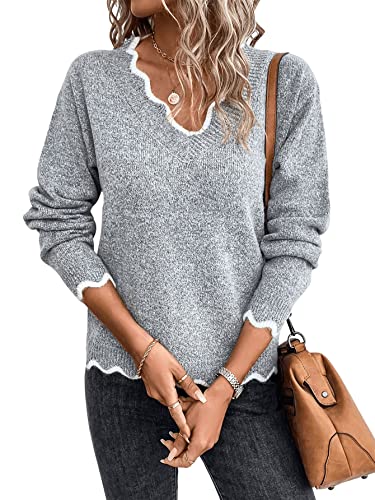SweatyRocks Women's Long Sleeve V Neck Ribbed Knit Top Scallop Trim Drop Shoulder Pullover Sweater Light Grey M