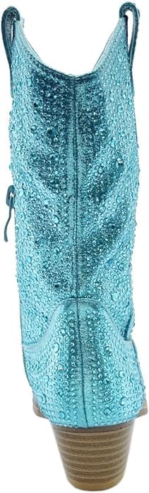 Forever Girls/Kids Rhinestone Western Cowgirl Cowboy Pointed Toe Low Heel Boots River-11K Blue 2