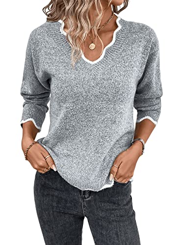 SweatyRocks Women's Long Sleeve V Neck Ribbed Knit Top Scallop Trim Drop Shoulder Pullover Sweater Light Grey M