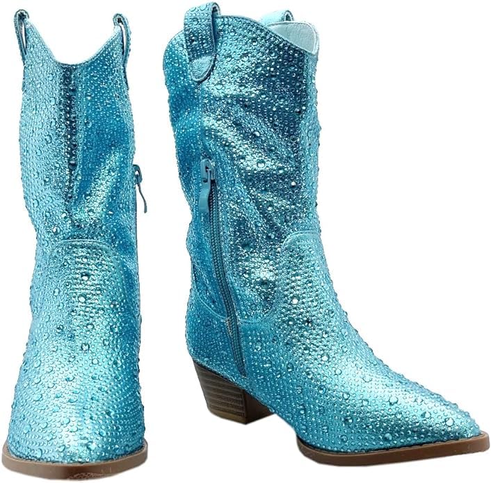 Forever Girls/Kids Rhinestone Western Cowgirl Cowboy Pointed Toe Low Heel Boots River-11K Blue 2