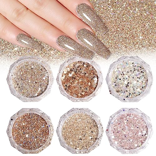 6 Boxes Holographic Nail Art Glitter Sequins Kits, CYHYII Nail Glitter Metallic Sequins Acrylic Dust Sequins Ultra-Thin Nail Art Sequins Sticker for Nail Design Nail Art Tips Decoration