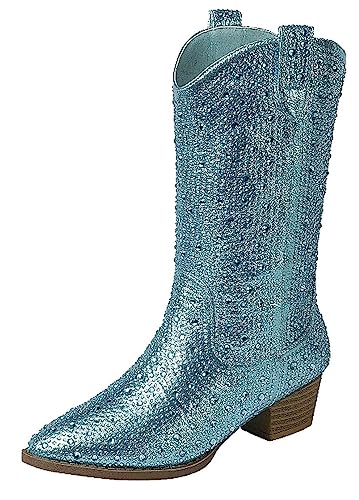 Forever Girls/Kids Rhinestone Western Cowgirl Cowboy Pointed Toe Low Heel Boots River-11K Blue 2