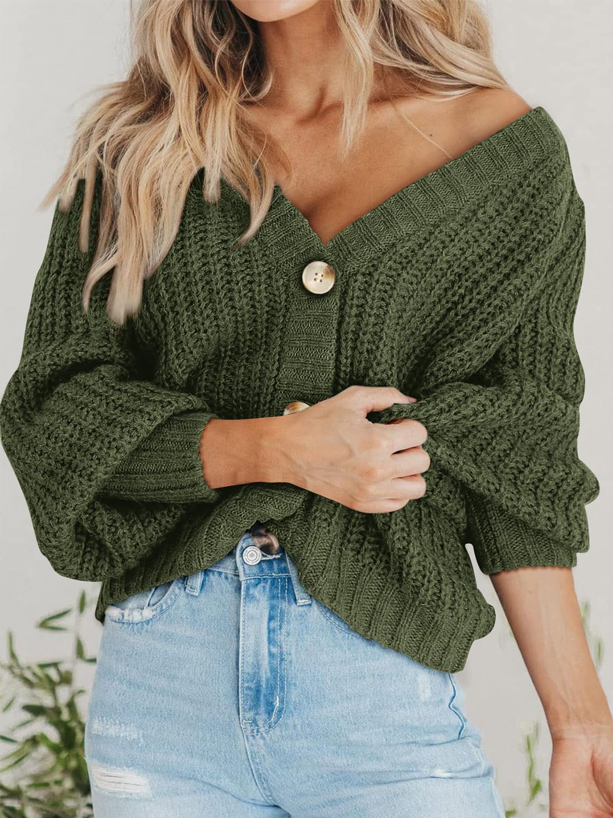 PRETTYGARDEN Women's Chunky Knit Open Front Sweater Long Sleeve Button Loose Short Cardigan Outerwear Coats (Army Green,X-Large)