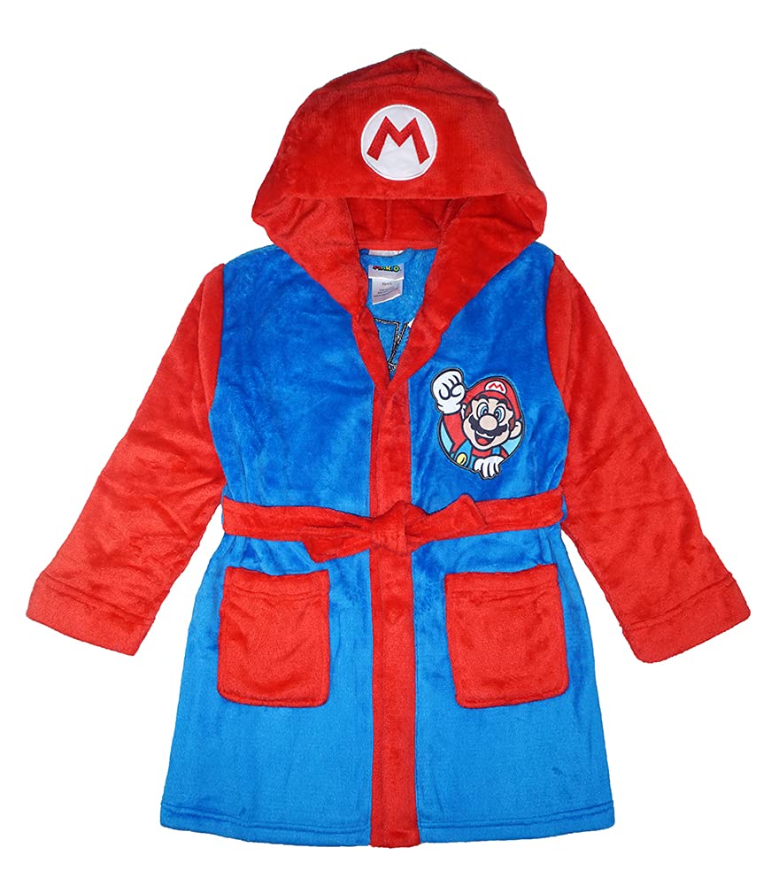 Super Mario Little/Big Boys' Soft Hooded Fleece Sleepwear Bathrobe - Plush Robe for Kids, Mario, 6/7