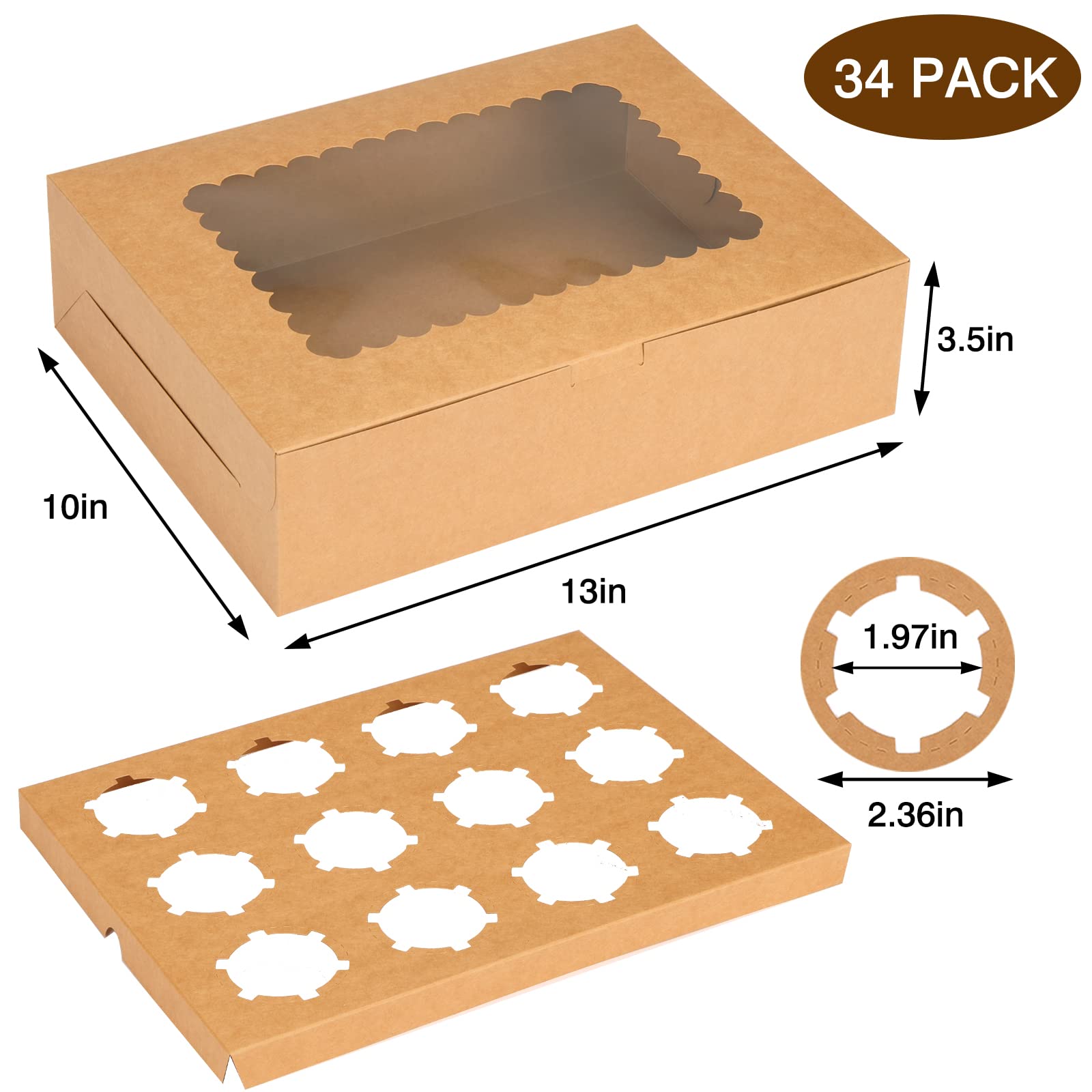 Moretoes 34 Sets Cupcake Boxes, Hold 12 Count Cupcake Containers, Brown Containers with Window and Inserts, 13 x 10 x 3.5 Inches Kraft Bakery Carrier Boxes for Birthday Holiday Party Bakery Supplies