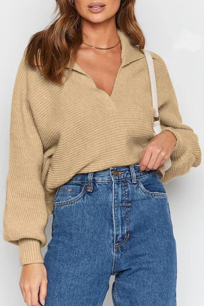 CHYRII Women Casual Overized Puff Long Sleeve V Neck Knitted Polo Pullover Sweater Jumper Tops Apricot S