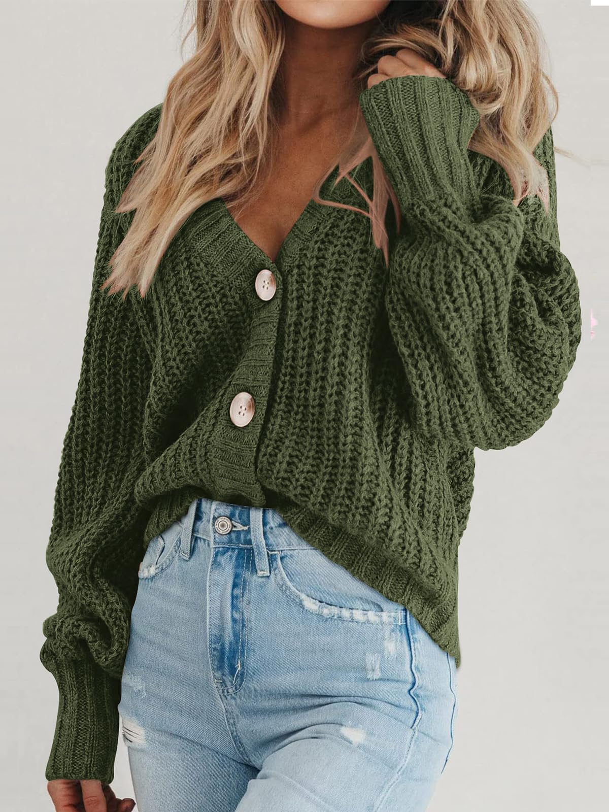 PRETTYGARDEN Women's Chunky Knit Open Front Sweater Long Sleeve Button Loose Short Cardigan Outerwear Coats (Army Green,X-Large)