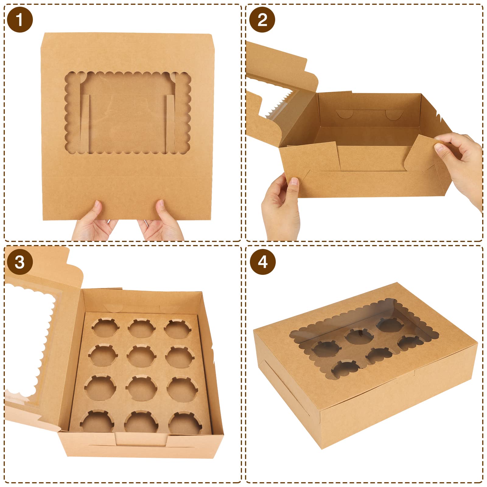 Moretoes 34 Sets Cupcake Boxes, Hold 12 Count Cupcake Containers, Brown Containers with Window and Inserts, 13 x 10 x 3.5 Inches Kraft Bakery Carrier Boxes for Birthday Holiday Party Bakery Supplies
