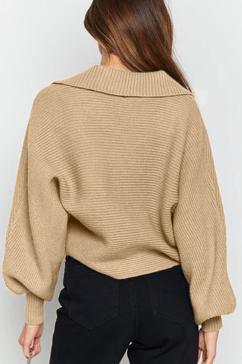 CHYRII Women Casual Overized Puff Long Sleeve V Neck Knitted Polo Pullover Sweater Jumper Tops Apricot S