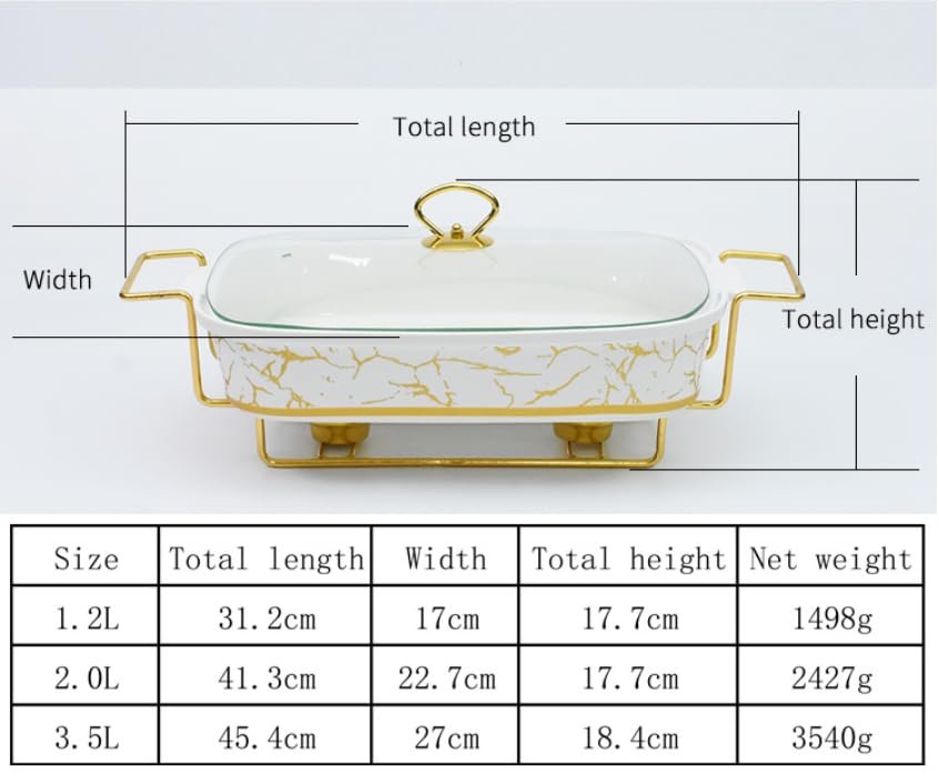 HONHPD 3PCS Rectangular Porcelain Casserole Warming Trays for Food, Ceramics Chafers, and Buffet Warmers Sets, Ceramics Chafing Dish Buffet Set, Gold Plating Serving Dishes(11inch.13inch.15inch)