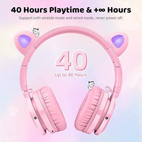 Picun Cat Ear Bluetooth Headphones 40 Hours Playtime with Romantic LED Light Up, Over Ear Girls Wireless Headphones with HD Mic, Foldable, Soft Memory Earmuff, for PC/Tablet/School Kids Adults - Pink