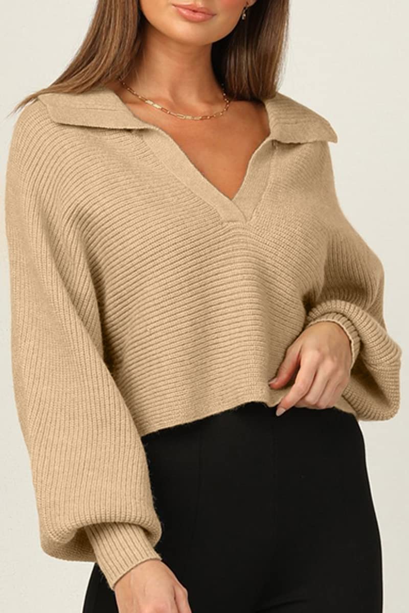 CHYRII Women Casual Overized Puff Long Sleeve V Neck Knitted Polo Pullover Sweater Jumper Tops Apricot S