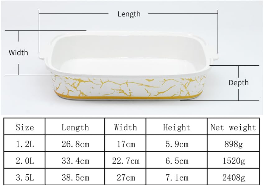 HONHPD 3PCS Rectangular Porcelain Casserole Warming Trays for Food, Ceramics Chafers, and Buffet Warmers Sets, Ceramics Chafing Dish Buffet Set, Gold Plating Serving Dishes(11inch.13inch.15inch)