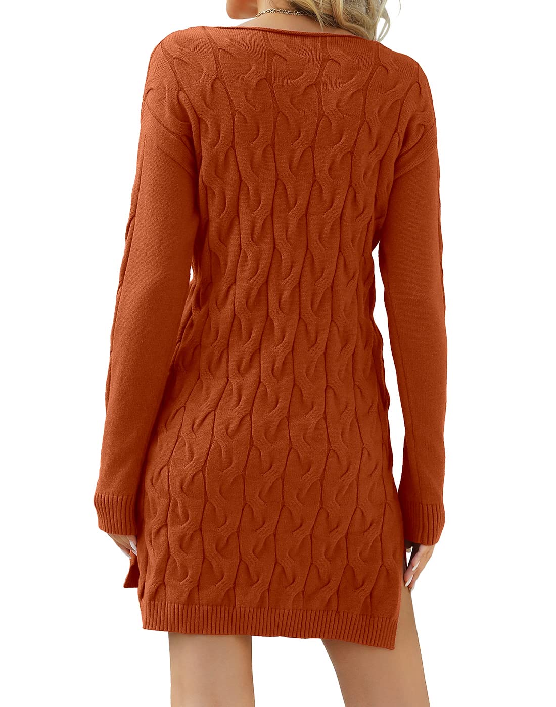 Dyexces Women's V Neck Cable Knit Sweater Dress Long Sleeve Sexy Slim Fit Pullover Sweater Side Split Mini Dress Orange