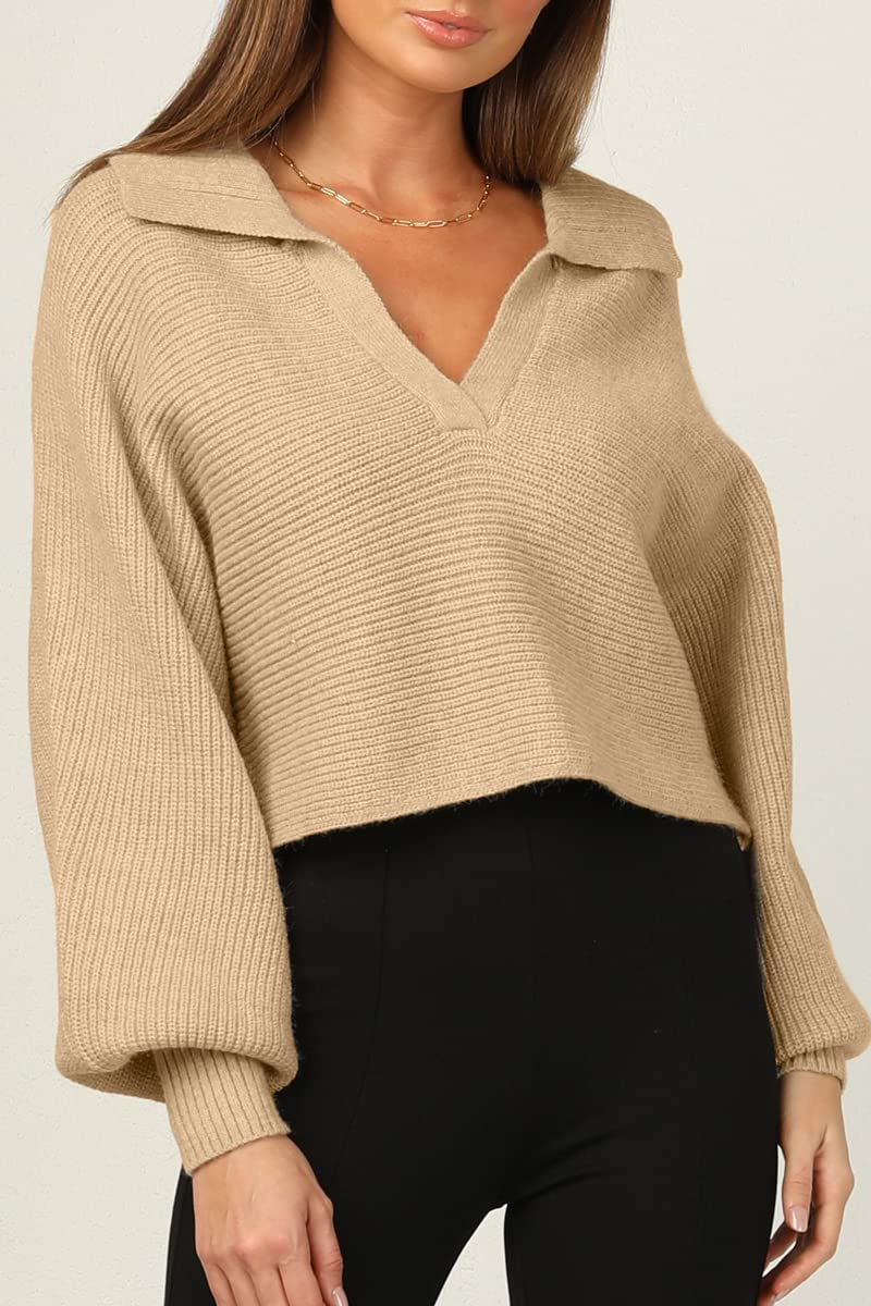CHYRII Women Casual Overized Puff Long Sleeve V Neck Knitted Polo Pullover Sweater Jumper Tops Apricot S